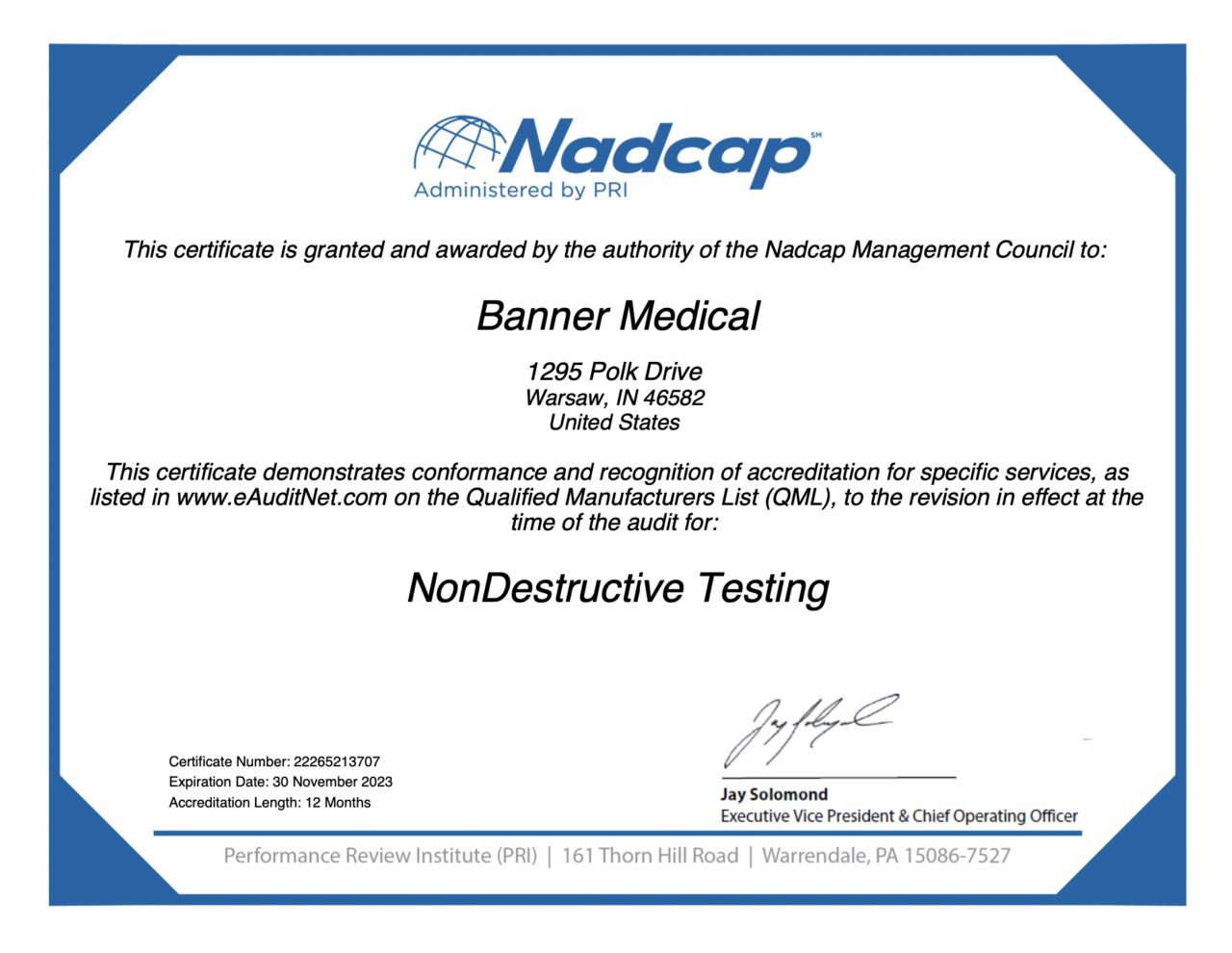 NADCAP Accreditation for Ultrasonic Testing Systems